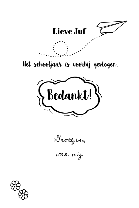 Bedankt Juf handlettering zwart-wit met naam