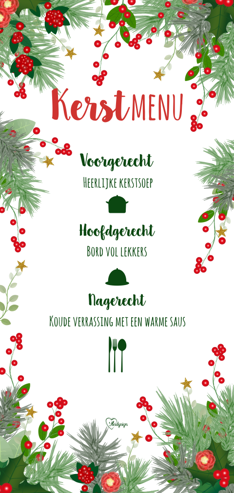 Menukaart Kerst in botanische stijl met kersttakken en hulst