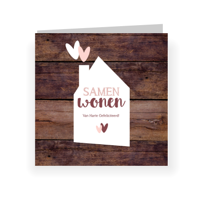 Felicitatie - Samenwonen stoer en lief hout huis hartjes