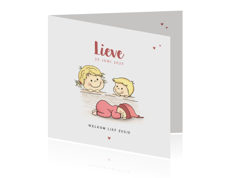 Geboortekaartje meisje derde kindje tekening zus en broer met baby