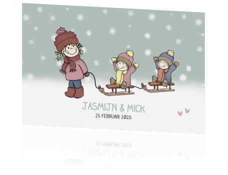 Winters geboortekaartje tweeling tekening kindjes in de sneeuw