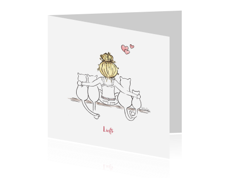 Wenskaart Liefs tekening meisje met poezen